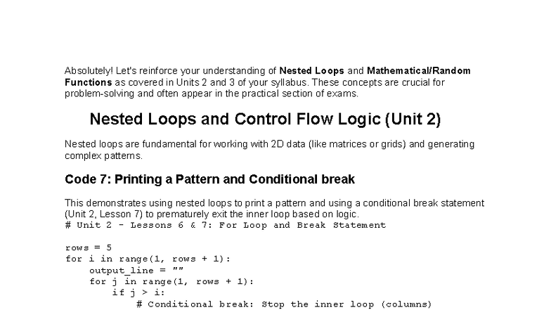 Nested Loops & Functions: Key Concepts from Units 2 & 3 (DOC-20251108 ...