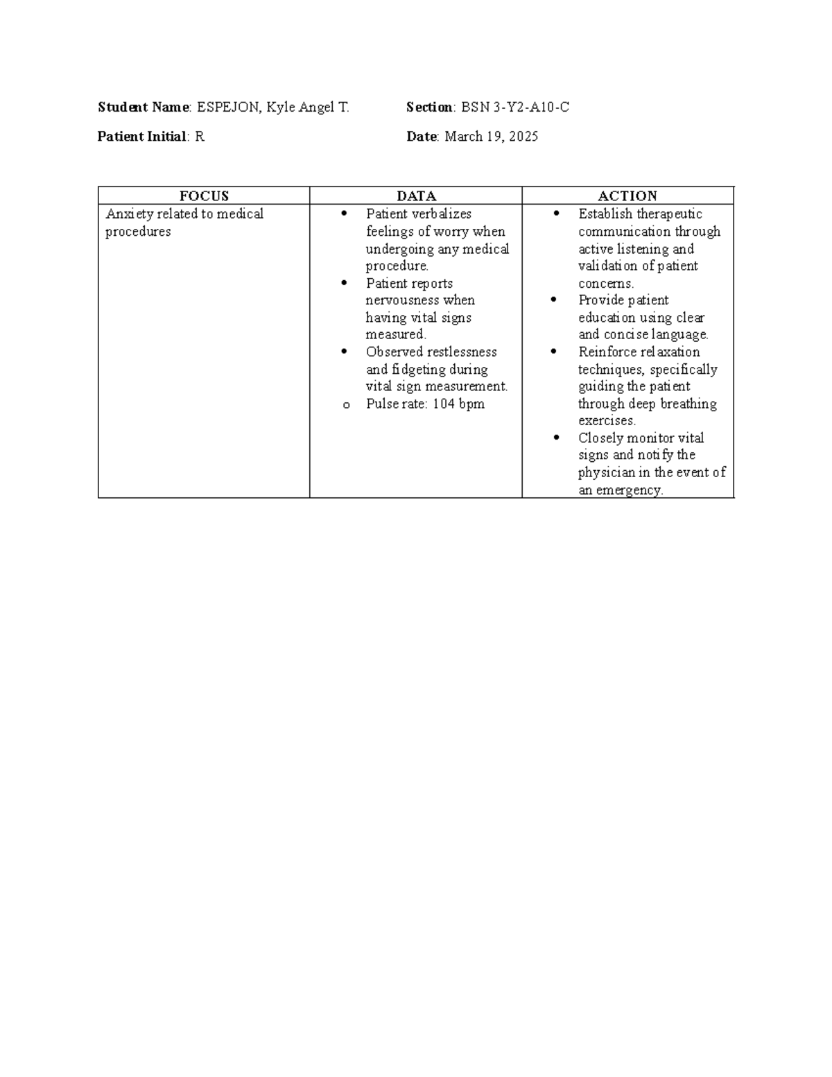 Fdar-1 - FDAR SAMPLE - ANXIETY RELATED TO MEDICAL PROCEDURES - Student Name: ESPEJON, Kyle Angel ...