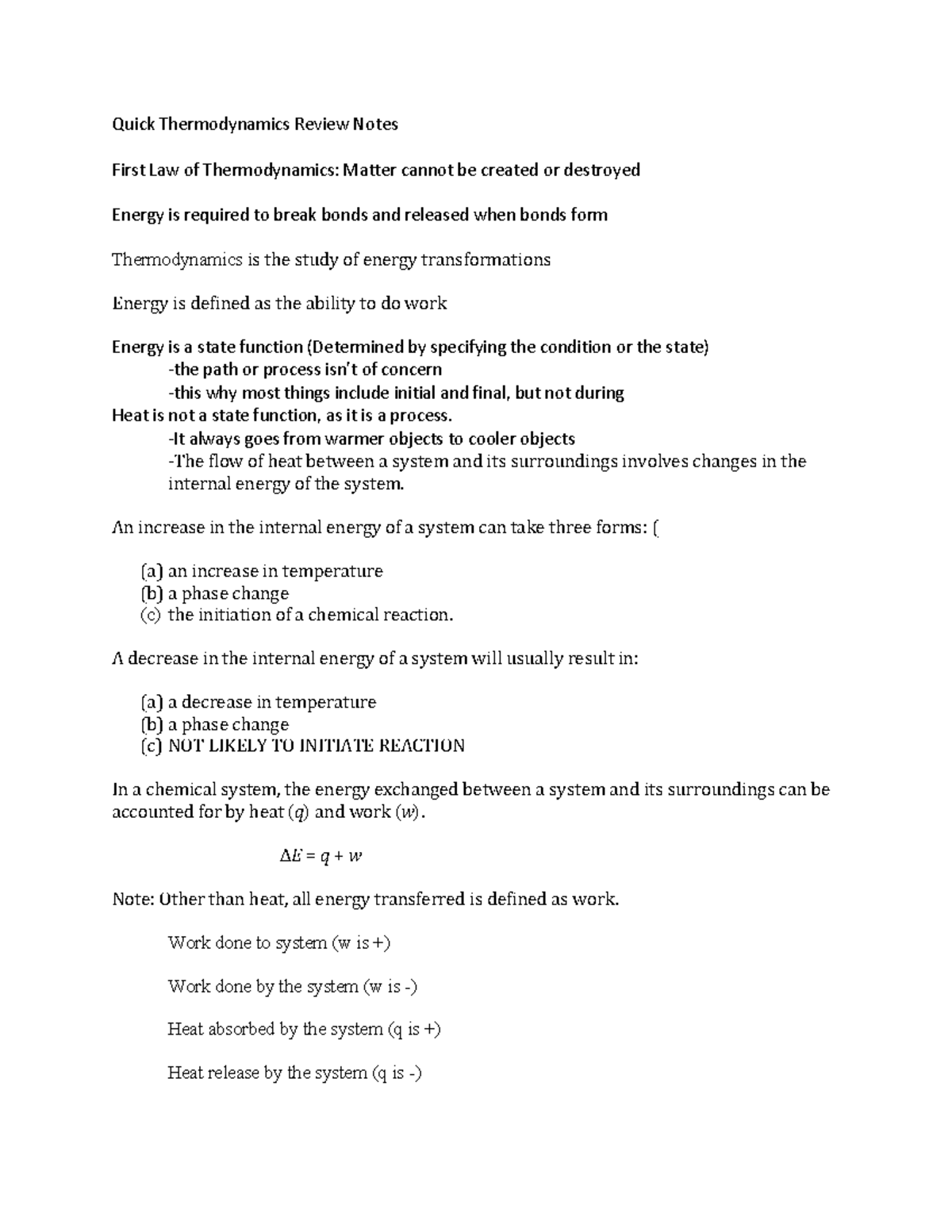 Thermodynamics Review Notes: First Law Insights (Course Code: TH101 ...