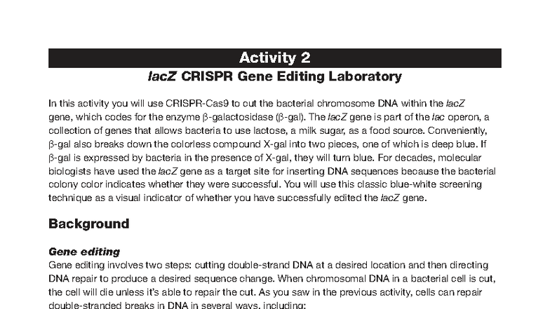 Crispr Lab Student Manual: Activity 2 - lacZ Gene Editing Guide - Studocu