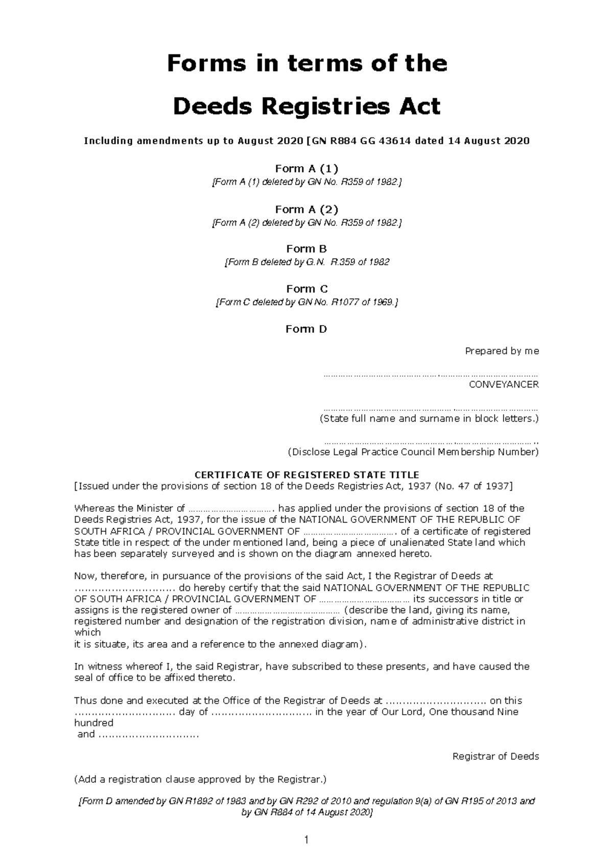 Prescribed Forms for the Deeds Registries Act (R884) - Updated 2020 ...