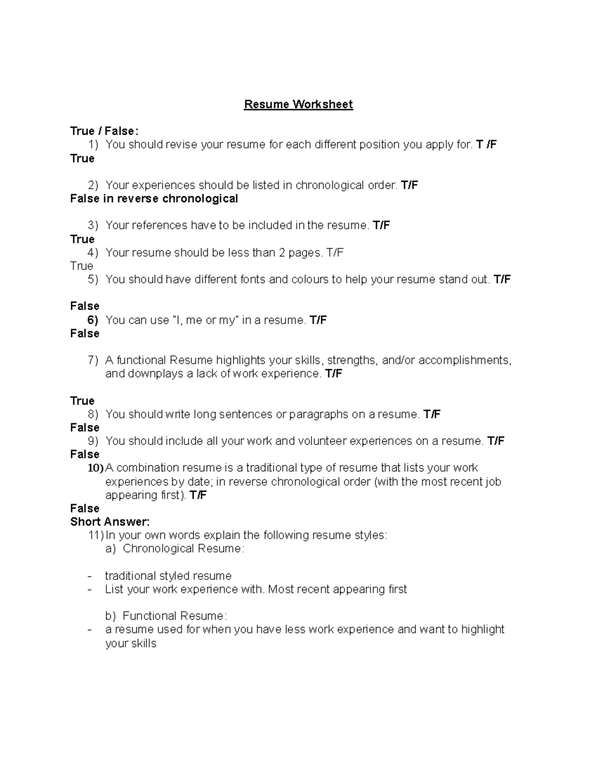 Resume Assignment Worksheet: True/False & Short Answer Guide - Studocu