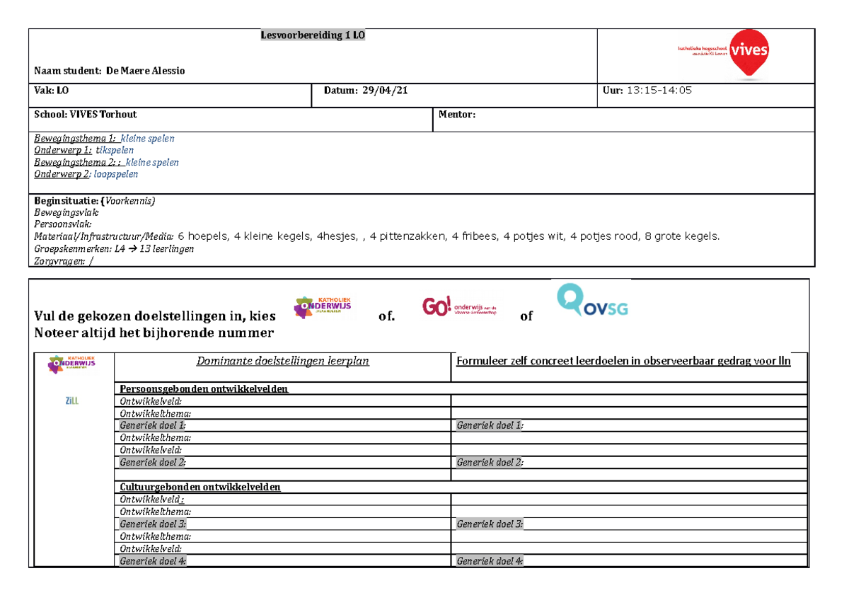 Sjabloon LV 2020 2021 L4 - Lesvoorbereiding 1 LO Naam student: De Maere ...