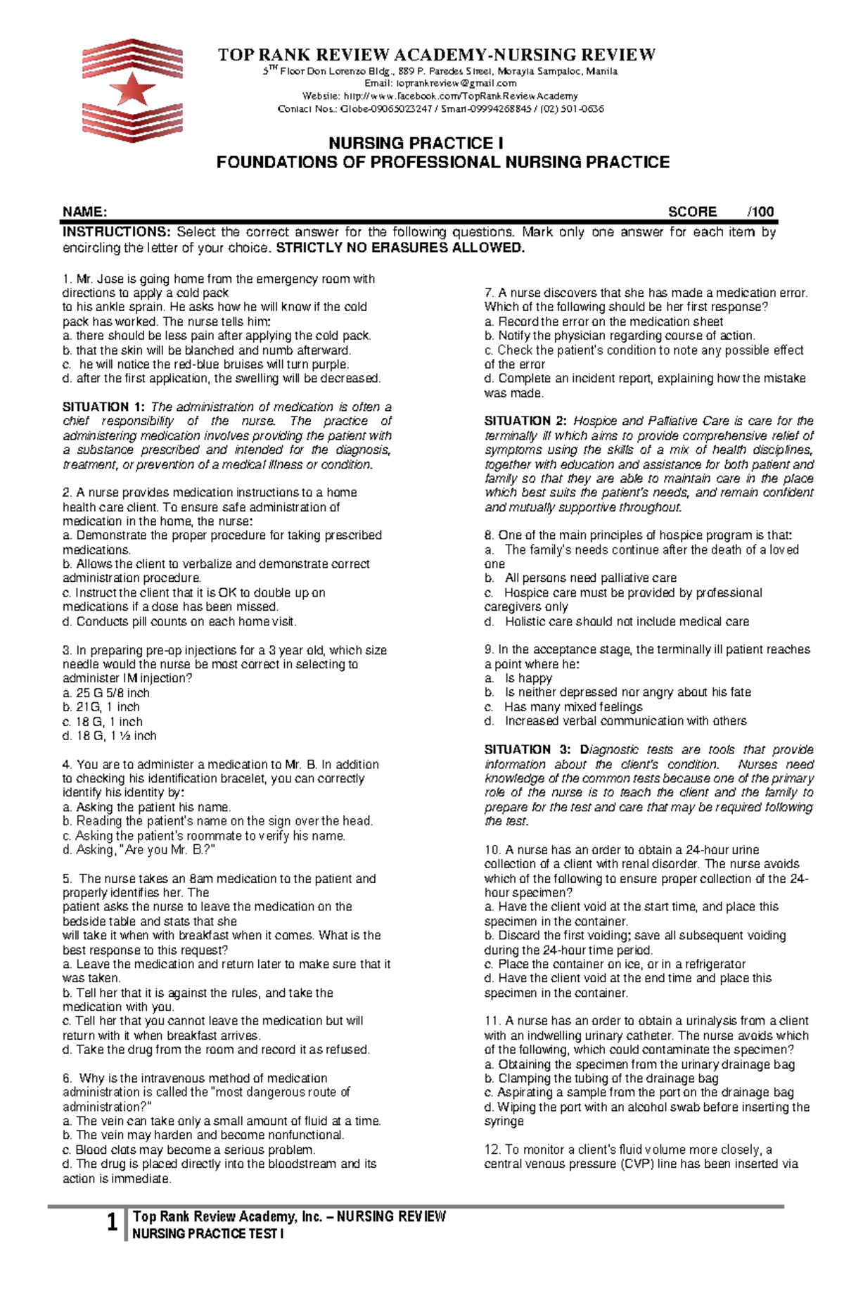 NURSING PRACTICE I: COMPREHENSIVE REVIEW AND TEST QUESTIONS - Studocu