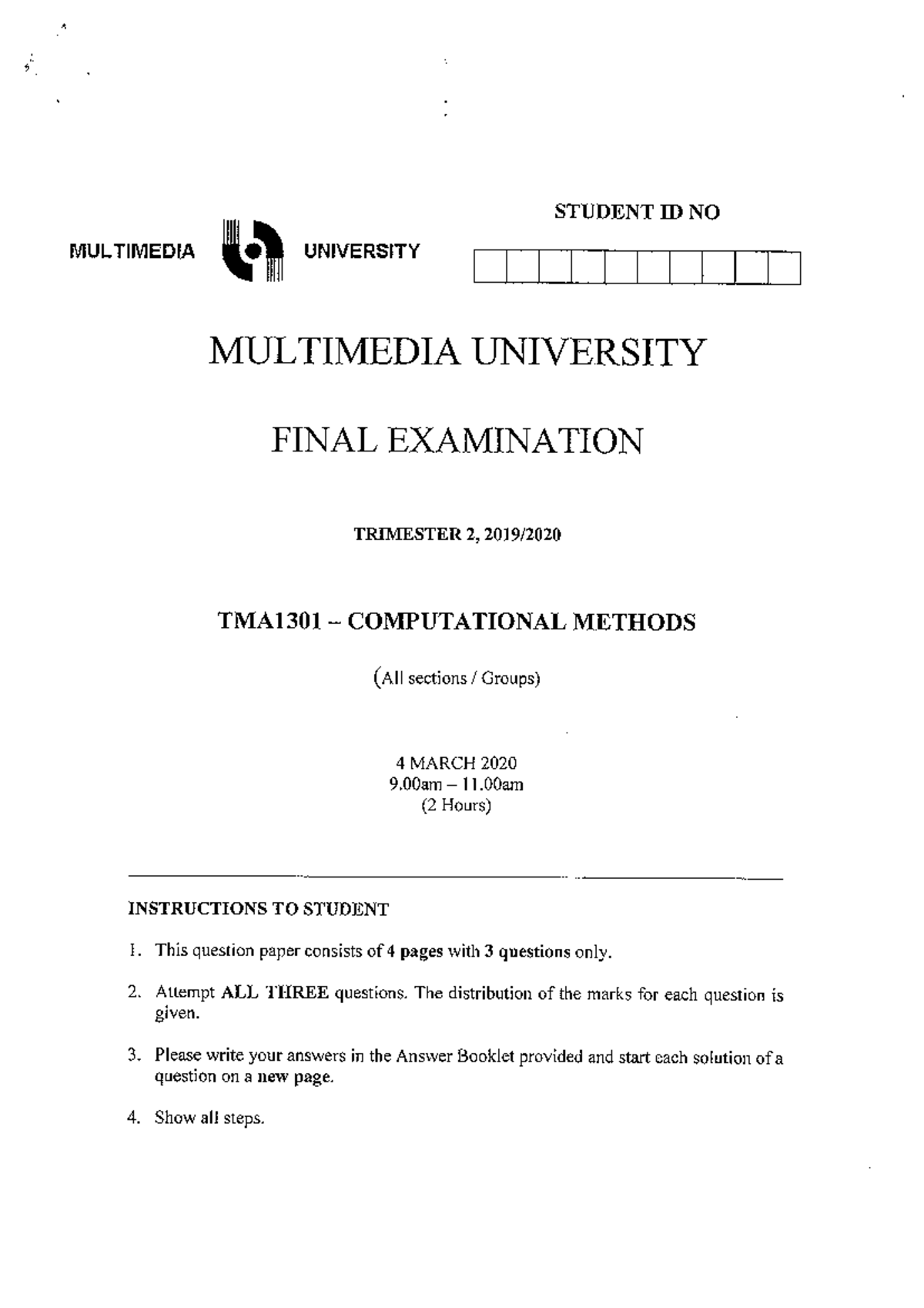 TMA1301 Computational Methods Final Exam - March 4, 2020 - Studocu
