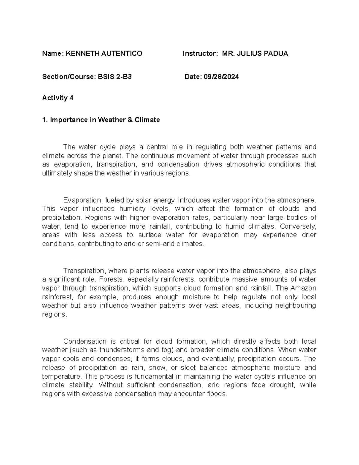 Water Cycle: Importance in Weather & Climate (Activity 4) - Studocu