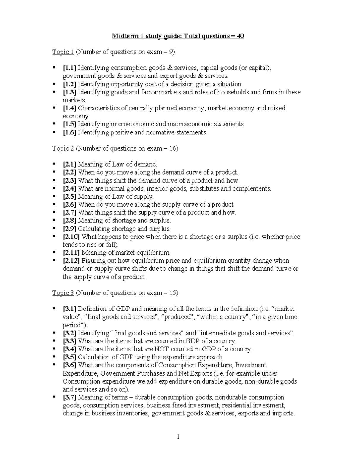 Midterm 1 Study Guide for Economics: Key Concepts & Practice Questions ...