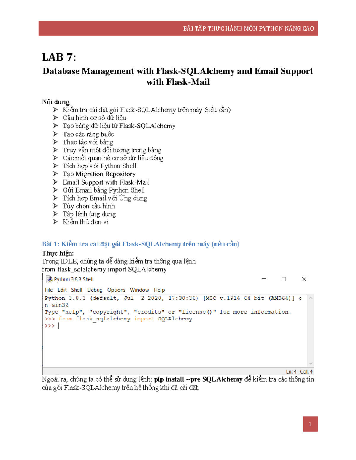 BÀI TẬP THỰC HÀNH MÔN PYTHON NÂNG CAO LAB 7: Quản Lý Cơ Sở Dữ Liệu và Hỗ Trợ - Studocu