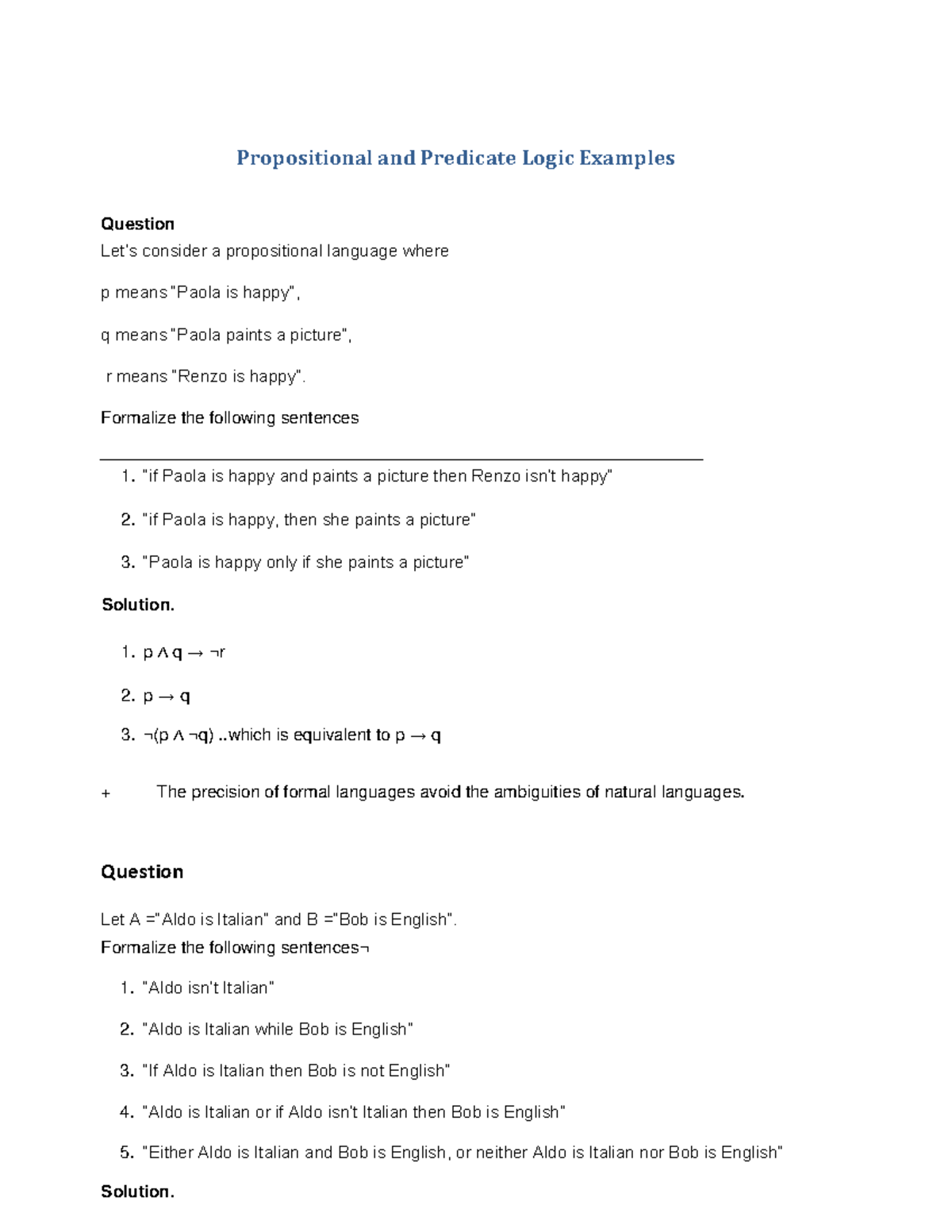 Propositional and Predicate Logic Examples (Course Code: LOG101) - Studocu
