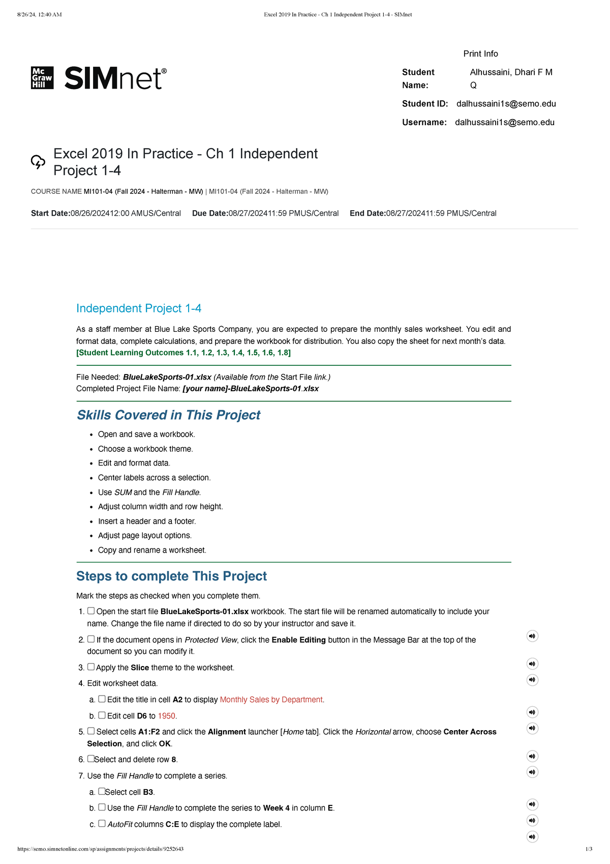 Excel 2019 - MI101-04 Ch 1 Independent Project 1-4 Guide - Studocu