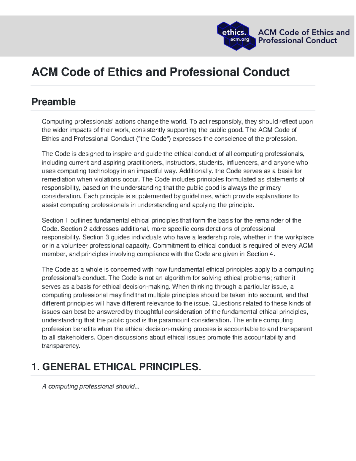 ACM Code of Ethics & Professional Conduct Overview - Studocu