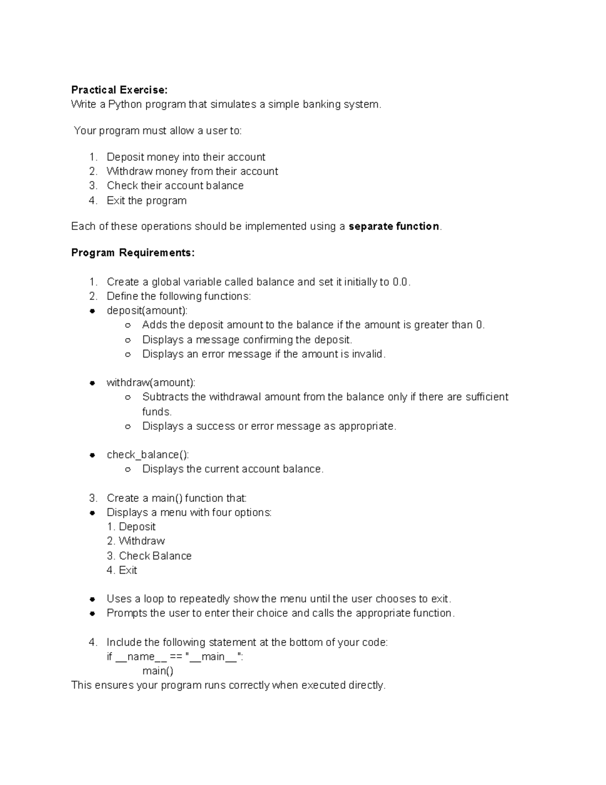 Practical Exercise: Python Banking System Simulation (CS101) - Studocu