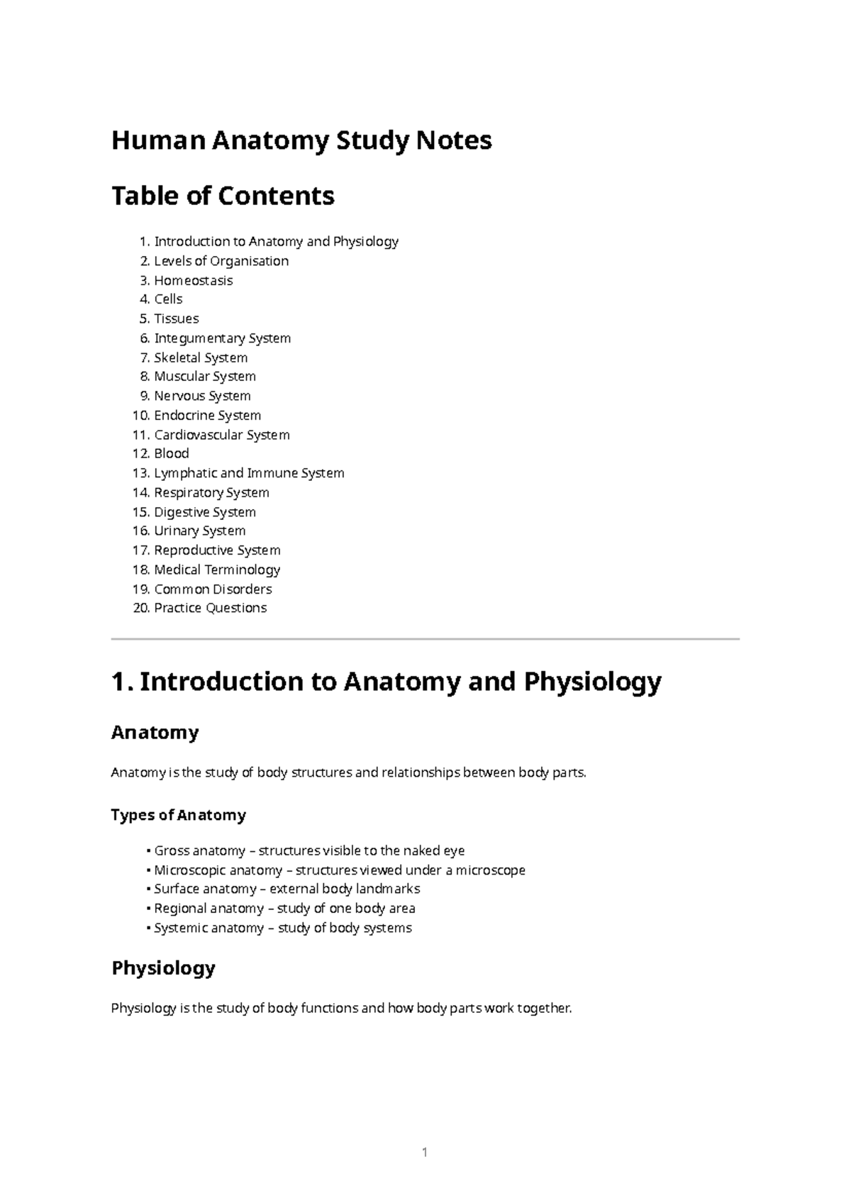 Comprehensive Study Notes on Human Anatomy (ANAT 101) - Studocu