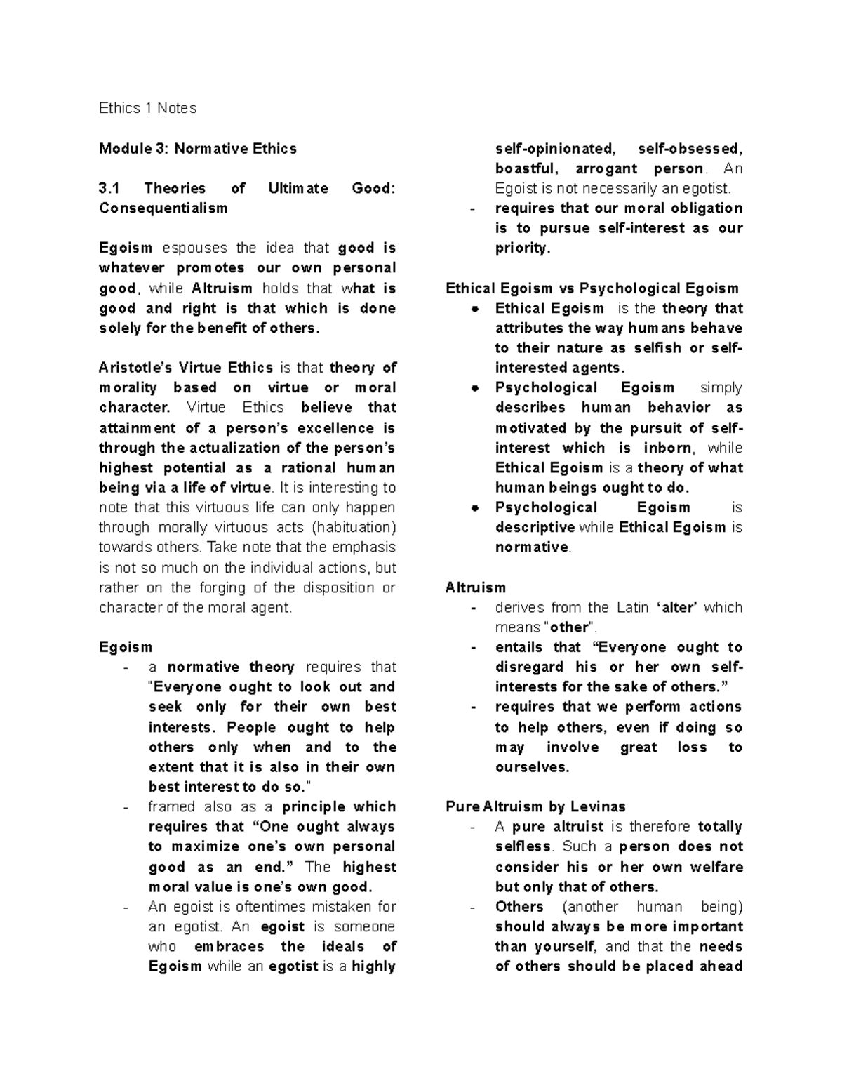 Ethics 1 Module 3: Normative Theories of Ultimate Good - Studocu