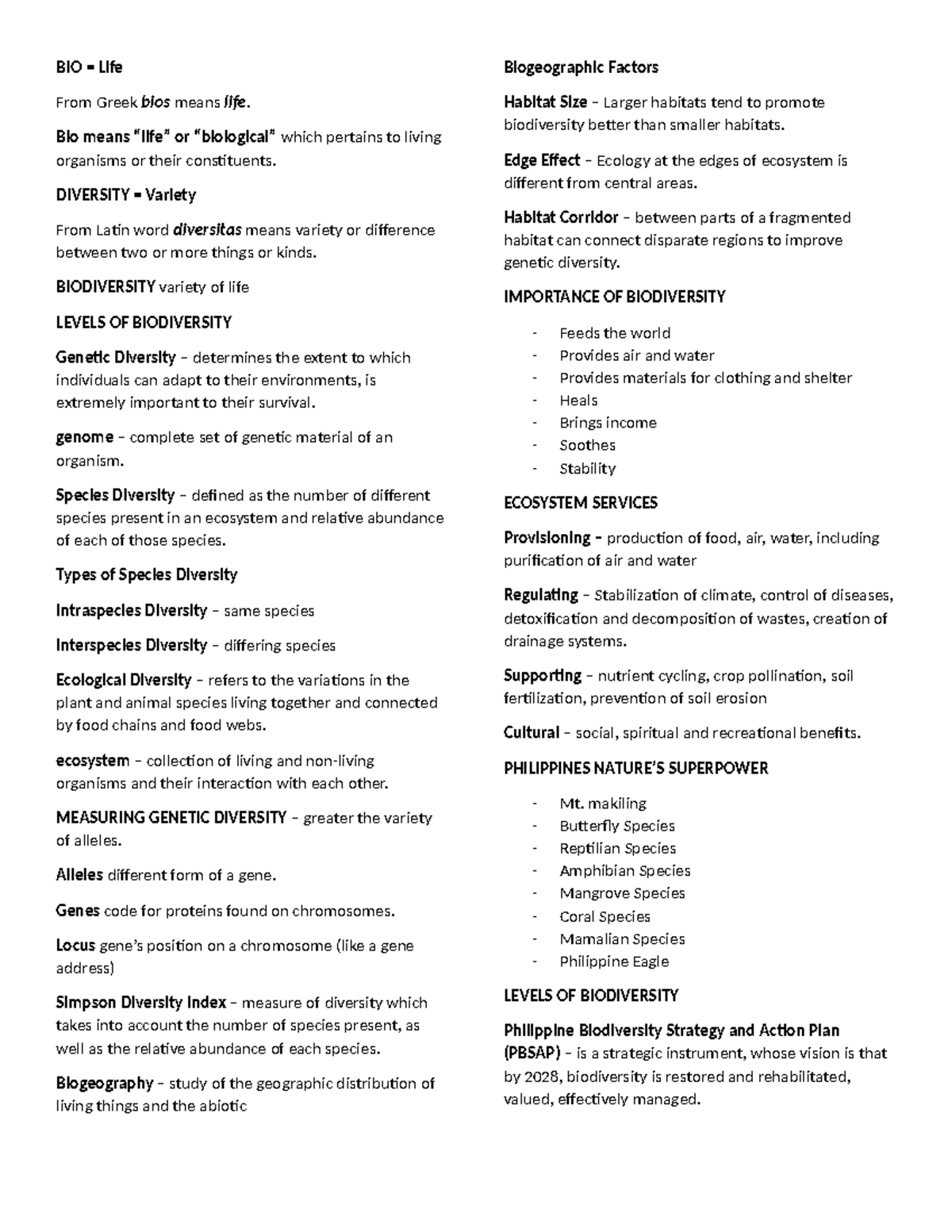 STS Biodiversity - BIO = Life From Greek bios means life. Bio means ...