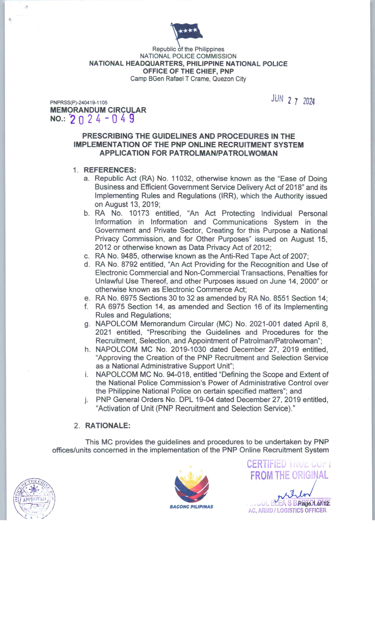 PNP MC 2024 049 Guidelines for Implementing the PNP Online Recruitment ...