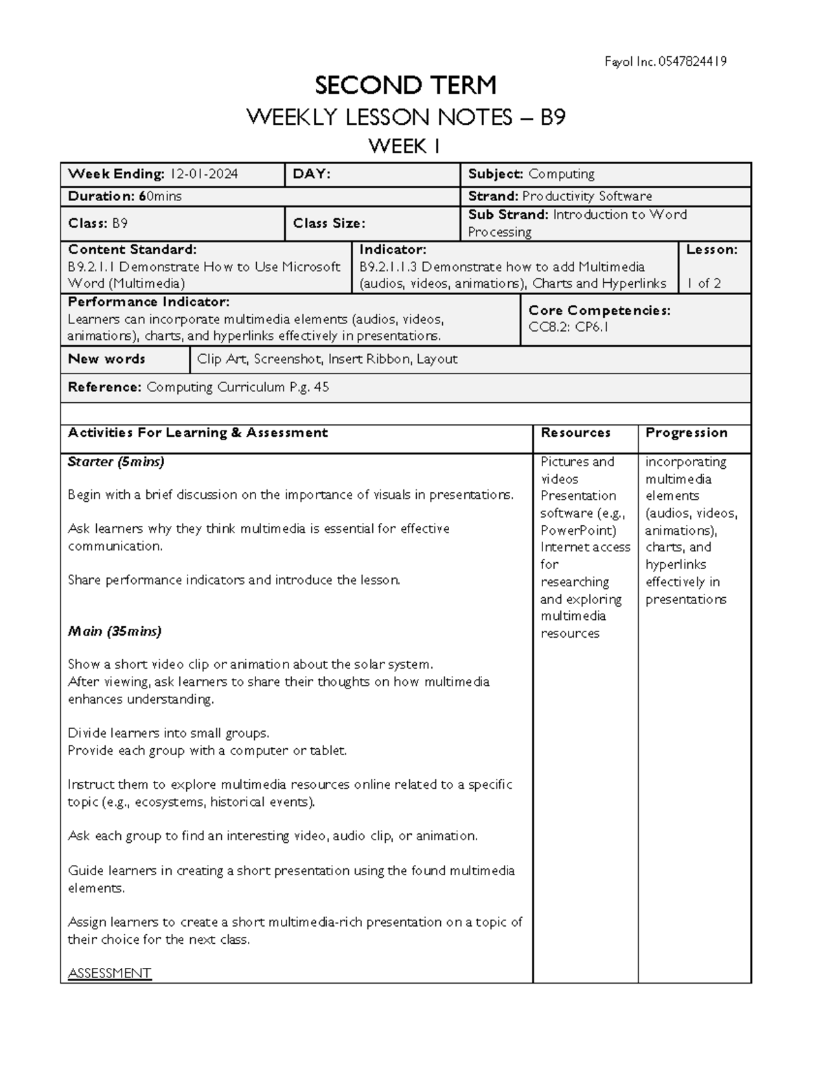 B9-COMP-WK1 - wgccghv - Fayol Inc. 0547824419 SECOND TERM WEEKLY LESSON ...