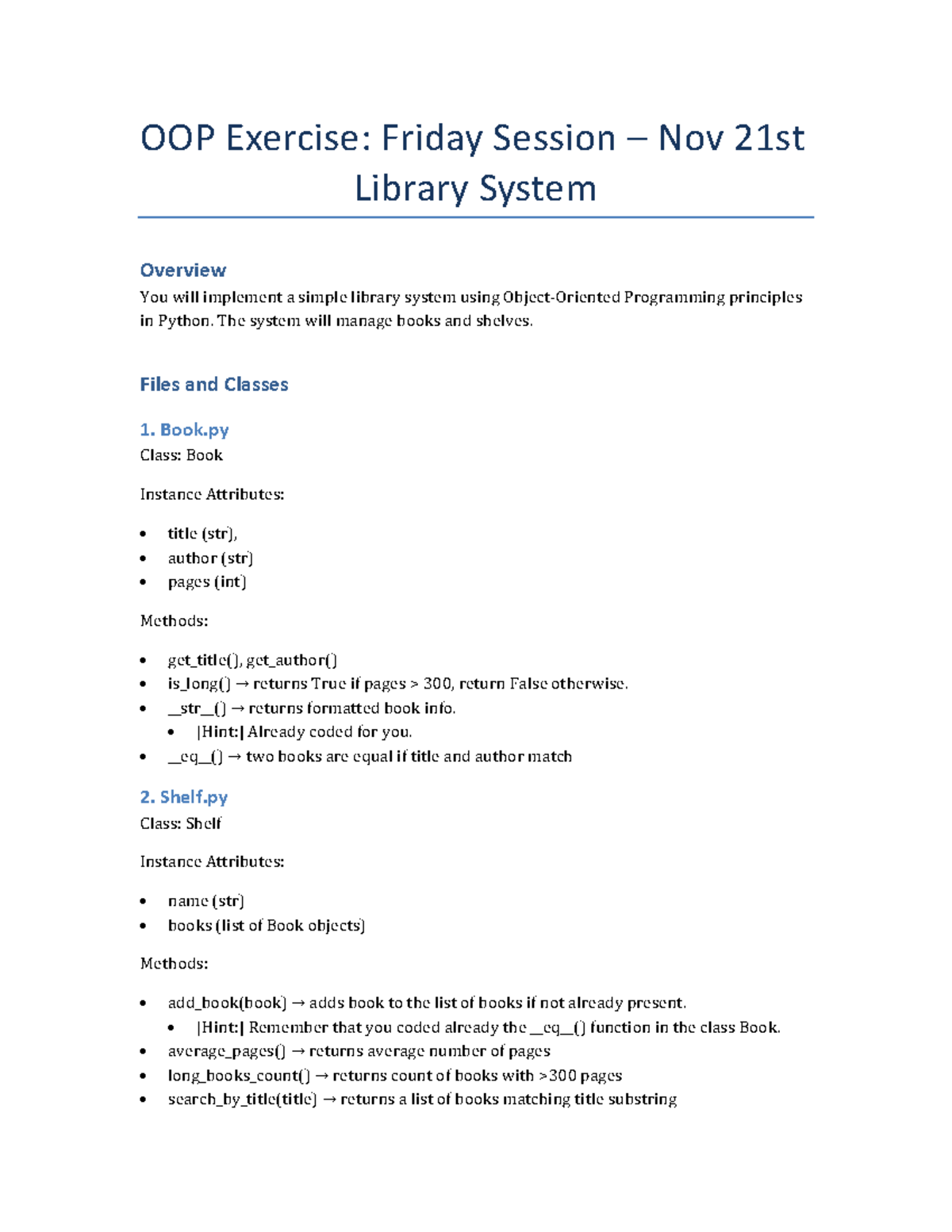 OOP Exercise: Library System Overview (Nov 21) - Studocu