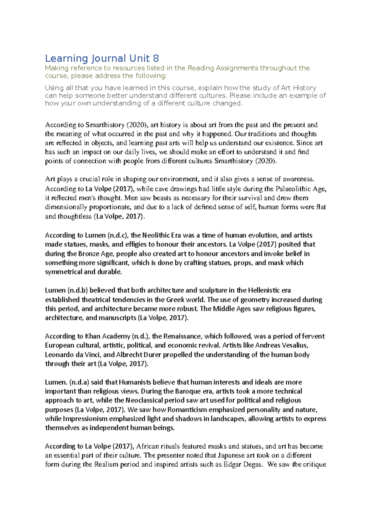 Learning Journal Unit 8 - Please include an example of how your own ...