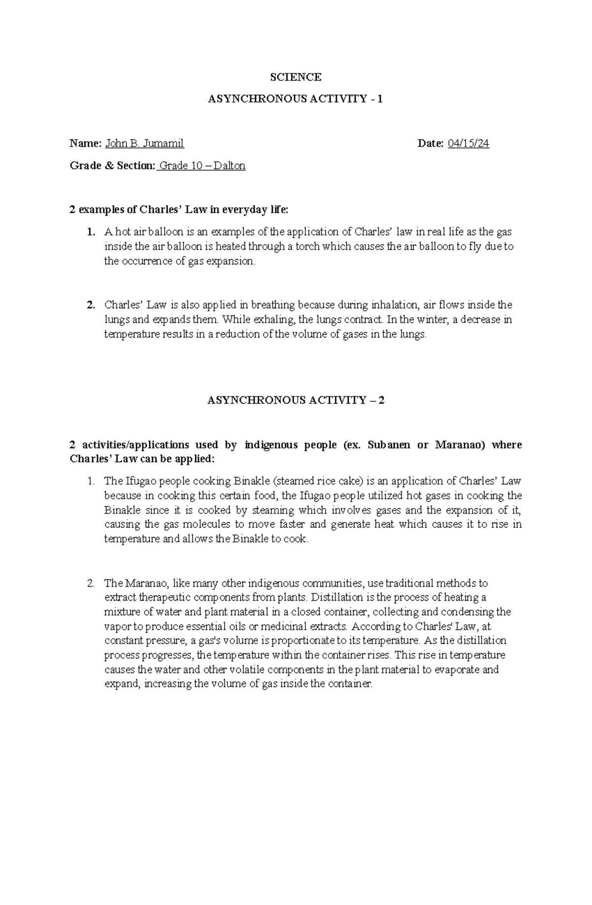Science 10 - Asynchronous Activities on Charles' Law Applications - Studocu