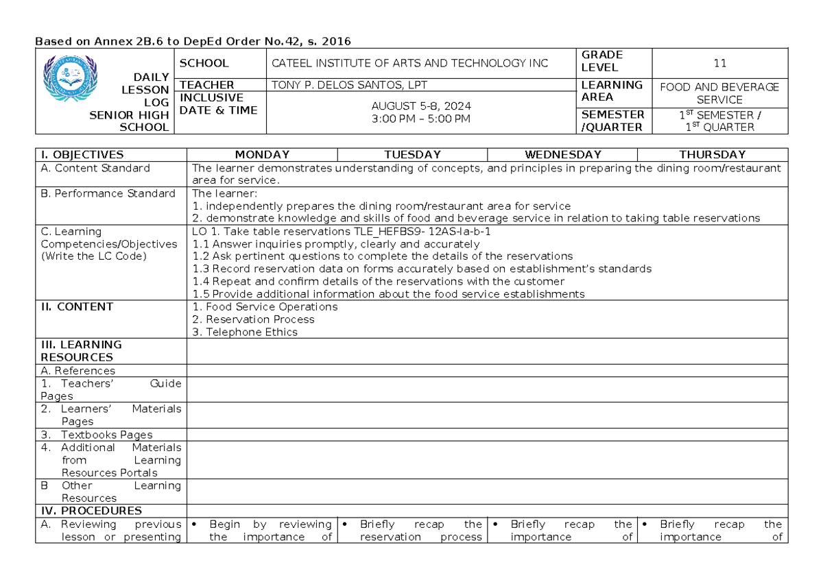 FBS DLL Q1 W1 - Daily Lesson Log for Food & Beverage Service - Studocu