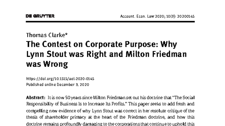 The Contest on Corporate Purpose: Stout vs. Friedman (Econ. Law 10(3 ...