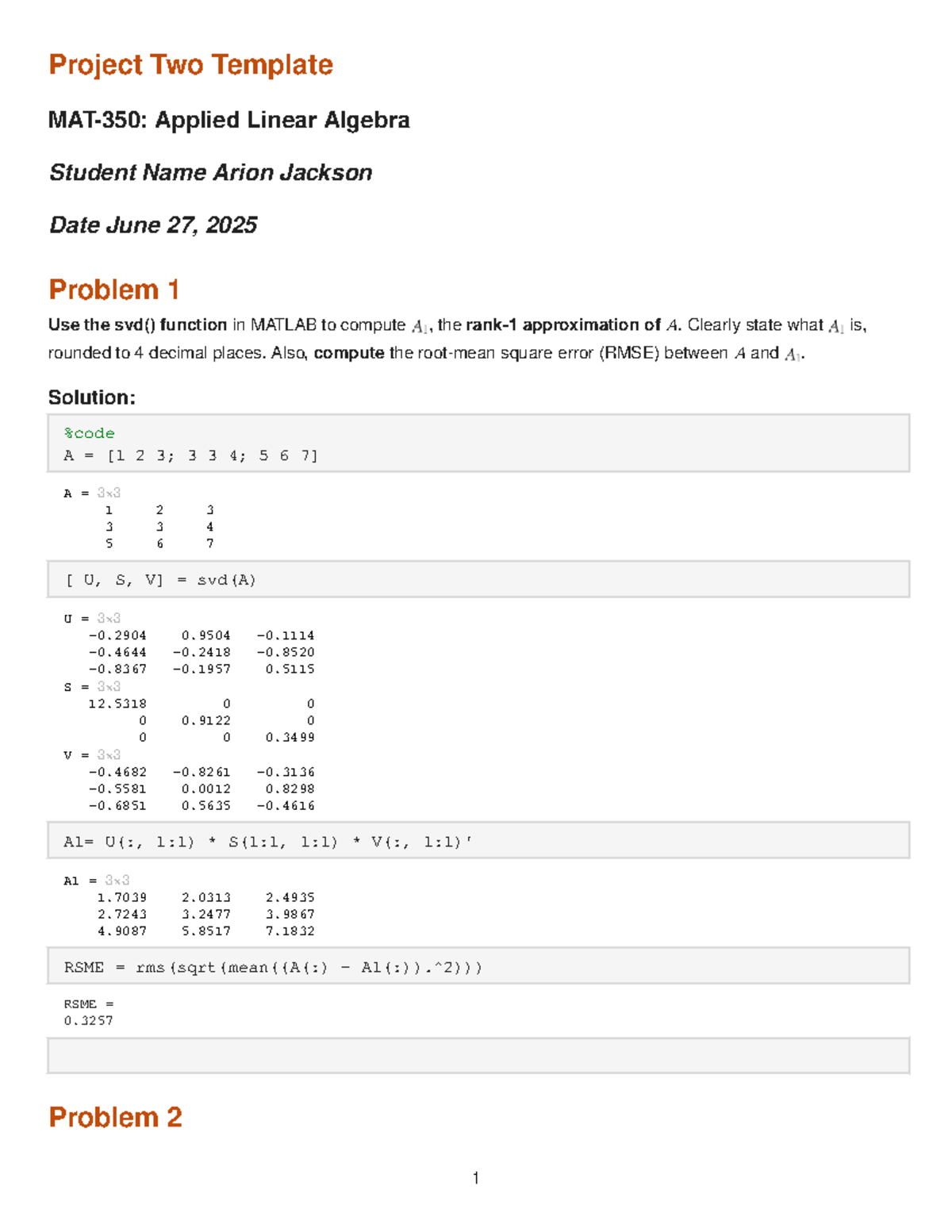 Project 2 - MAT 350 Applied Linear Algebra SVD Analysis and RMSE - Studocu