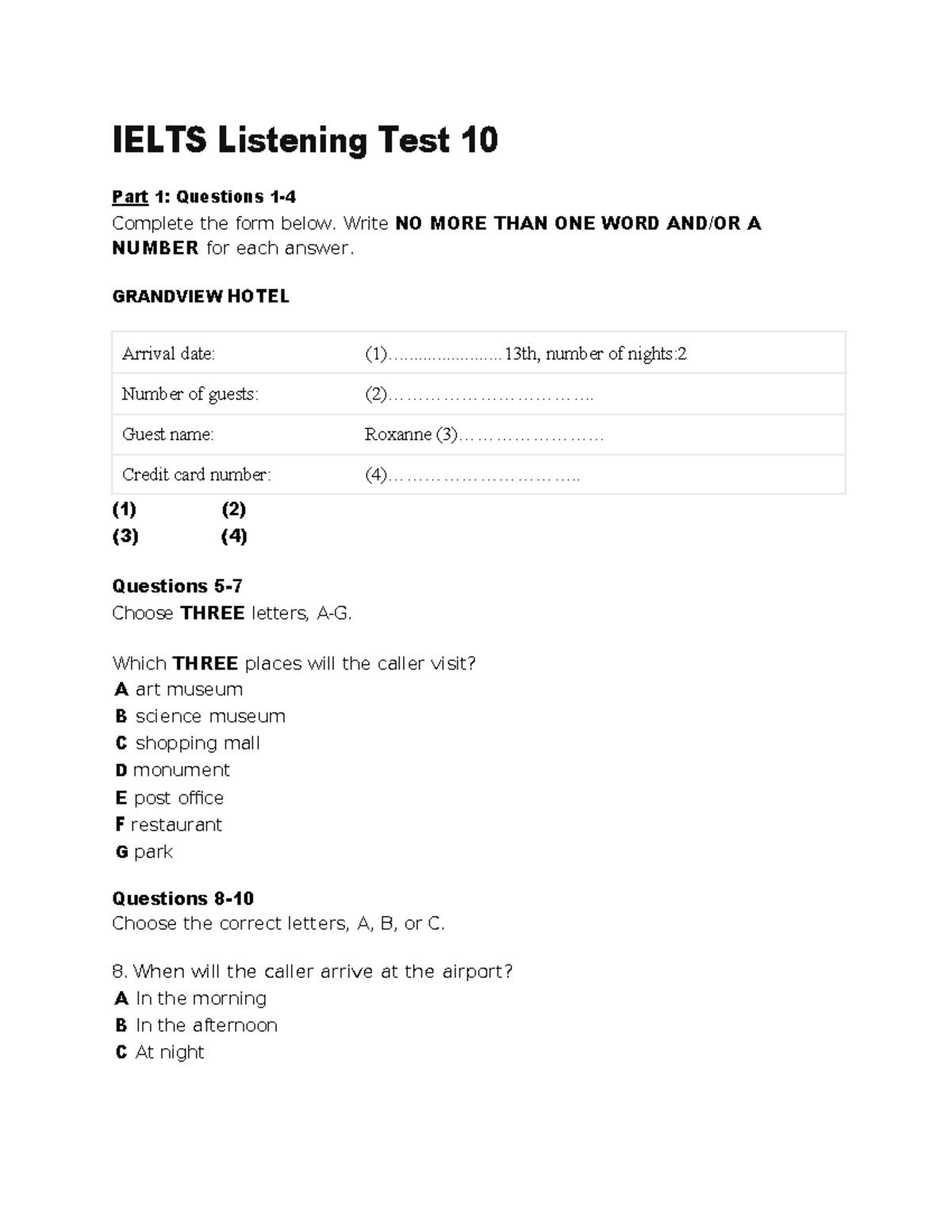 IELTS Listening Test 10: Part 1 & 2 Question Guide - Studocu