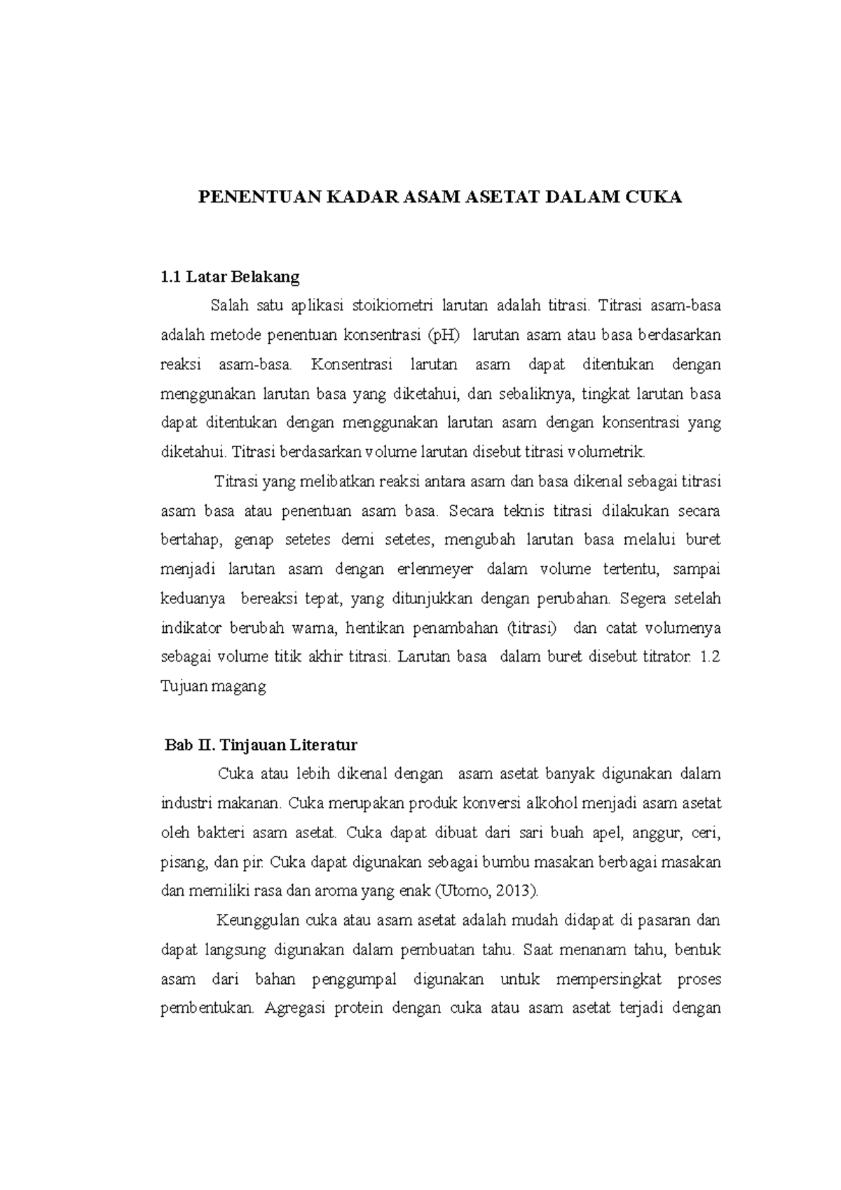 1.1. Penentuan Kadar Asam Asetat pada Cuka Melalui Titrasi - Studocu