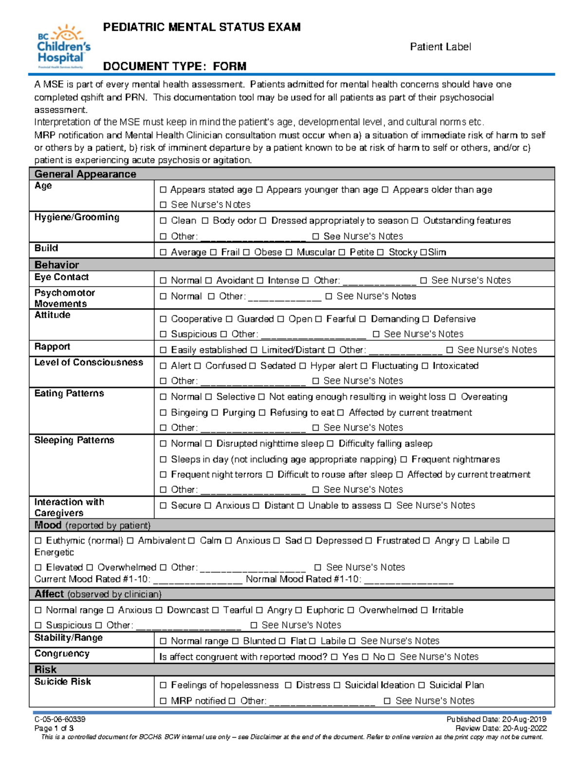 Pedatric Mental Status Exam - PEDIATRIC MENTAL STATUS EXAM DOCUMENT ...