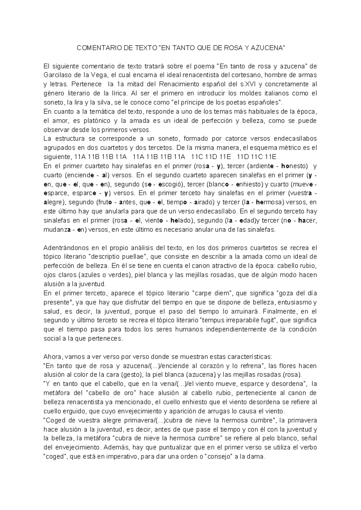 Comentario de Texto: Análisis de "En Tanto que de Rosa y Azucena" - Studocu