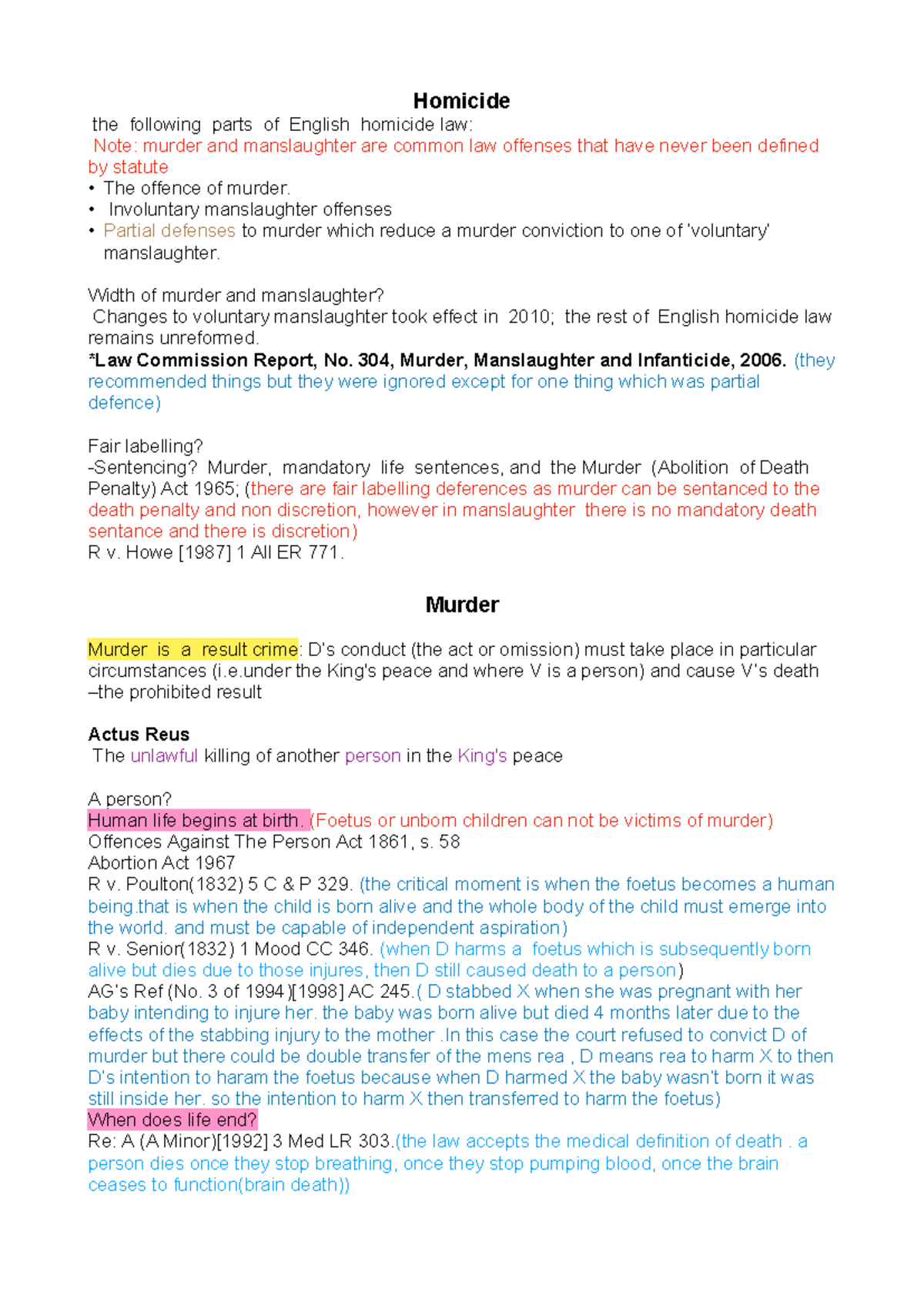 Homocide notes - Homicide the following parts of English homicide law ...
