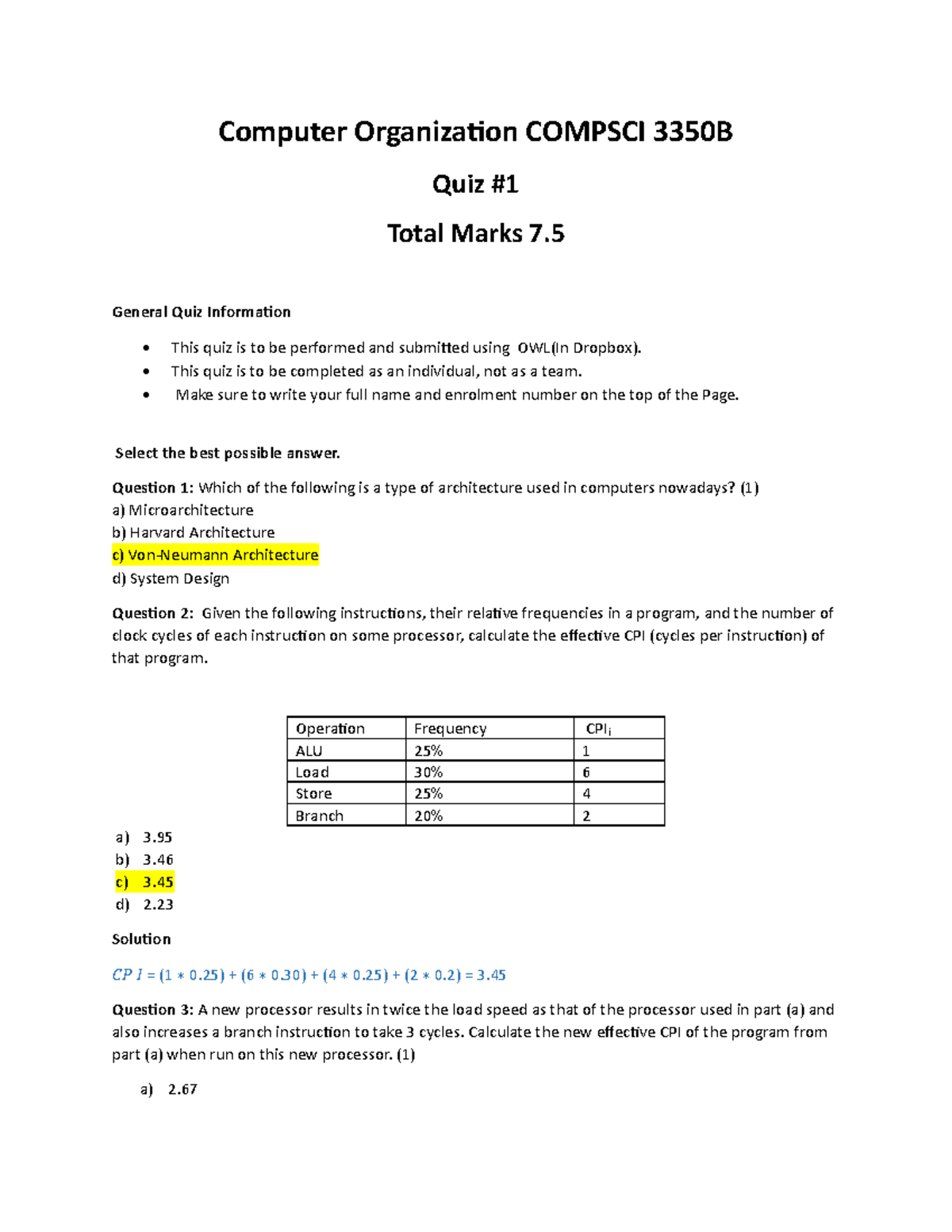 Quiz 1 Solutions for Computer Organization COMPSCI 3350B - Studocu