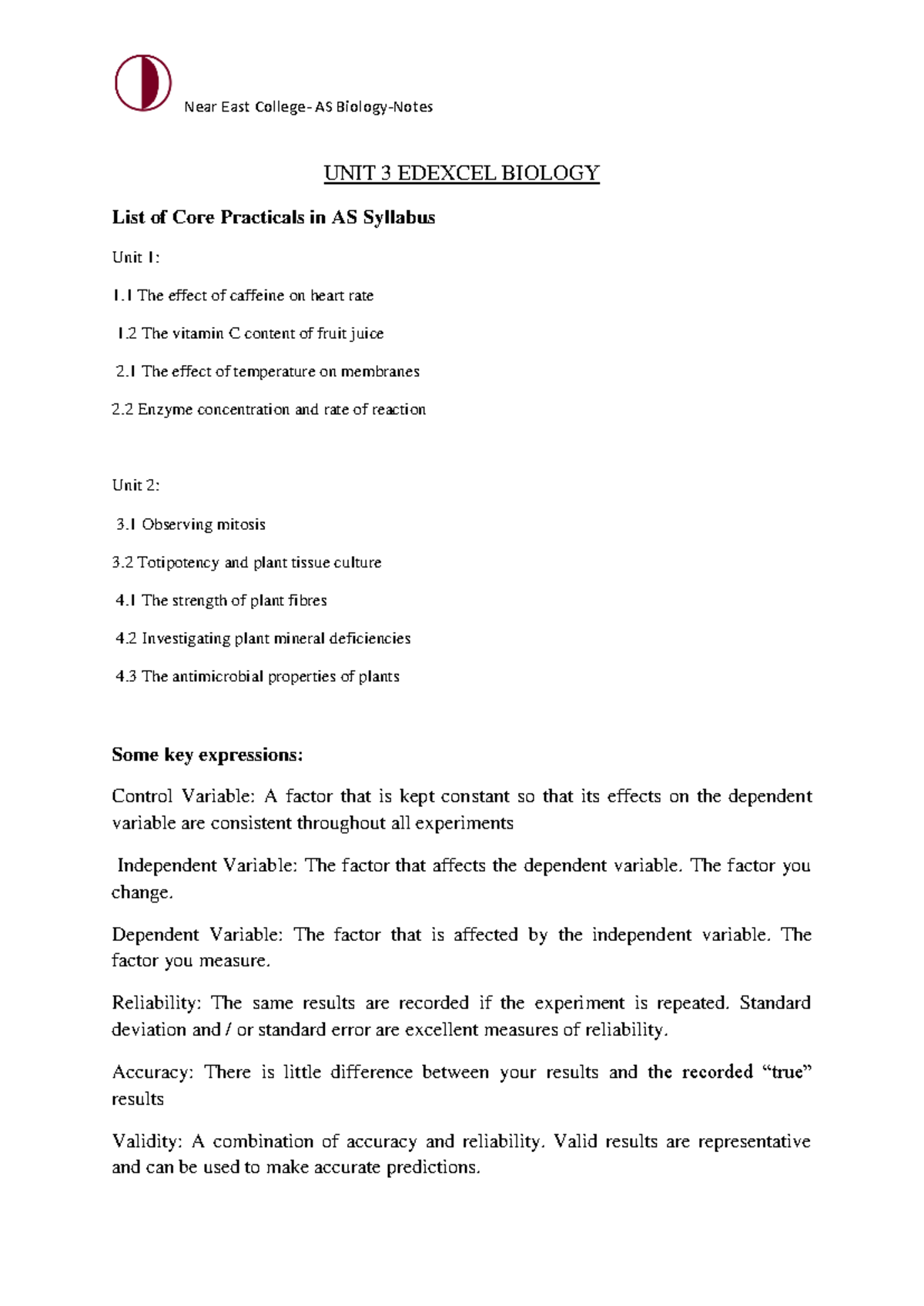 Unit 3 Notes: Core Practicals in Edexcel Biology AS - Studocu