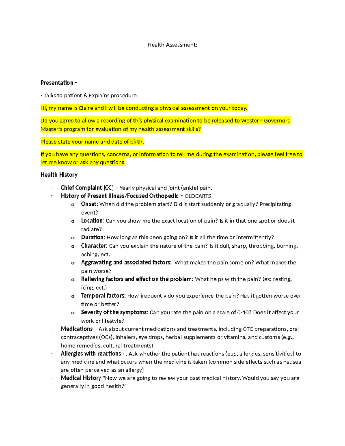Health Assessment Checklist: Patient Procedure & Evaluation Guide - Studocu