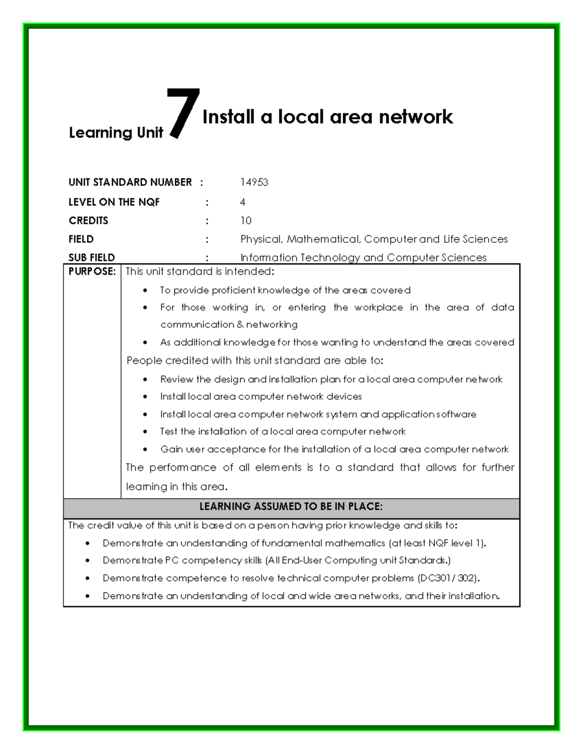Install a Local Area Network - IT Comp Sci Unit Standard 14953 - Studocu
