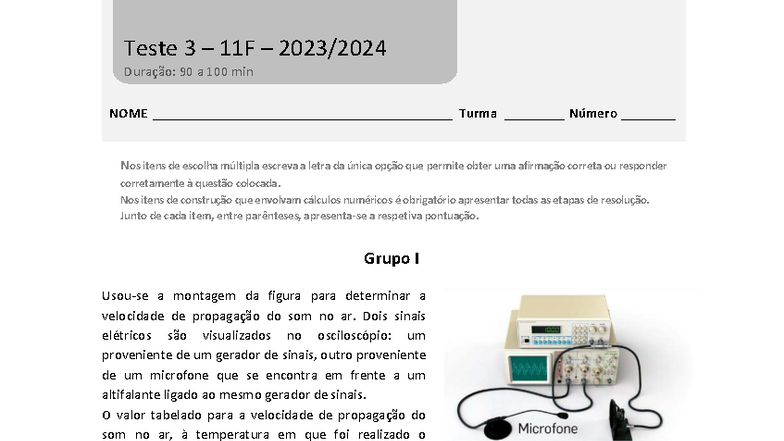 11F Teste 3: Propagação do Som e Luz - Questões e Resoluções - Studocu