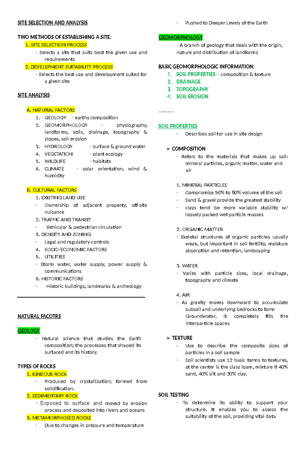 Site Selection and Analysis Notes for Urban Planning Studies - Studocu
