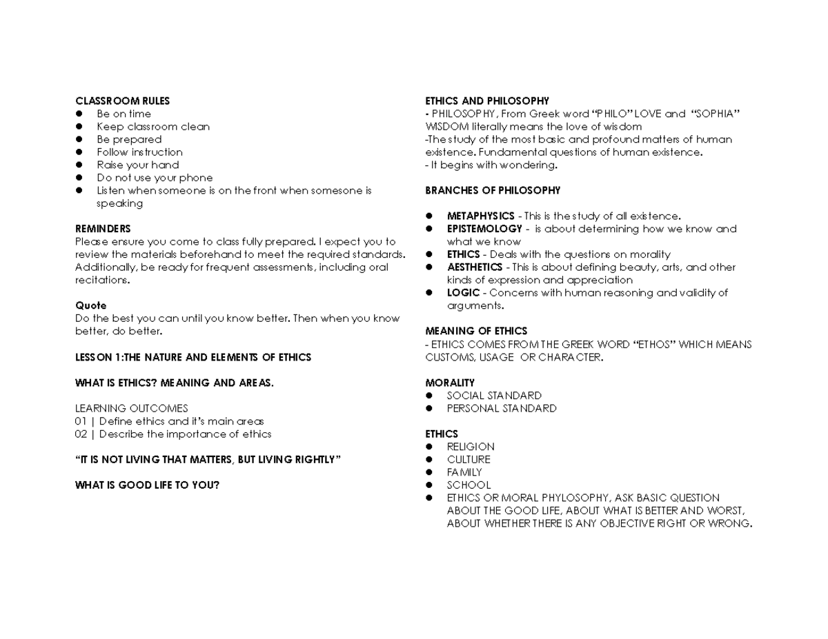 Ethics Reviewer: Understanding Classroom Rules and Filipino Character ...