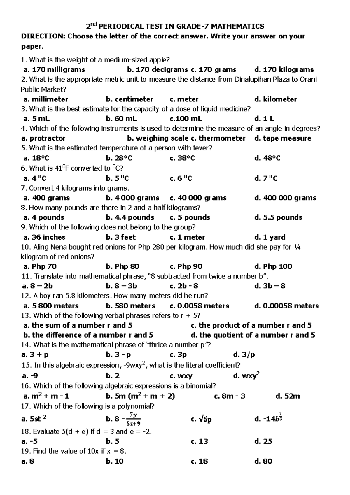 2nd Periodical TEST IN Grade-7 Mathematics edited - 2 nd PERIODICAL ...