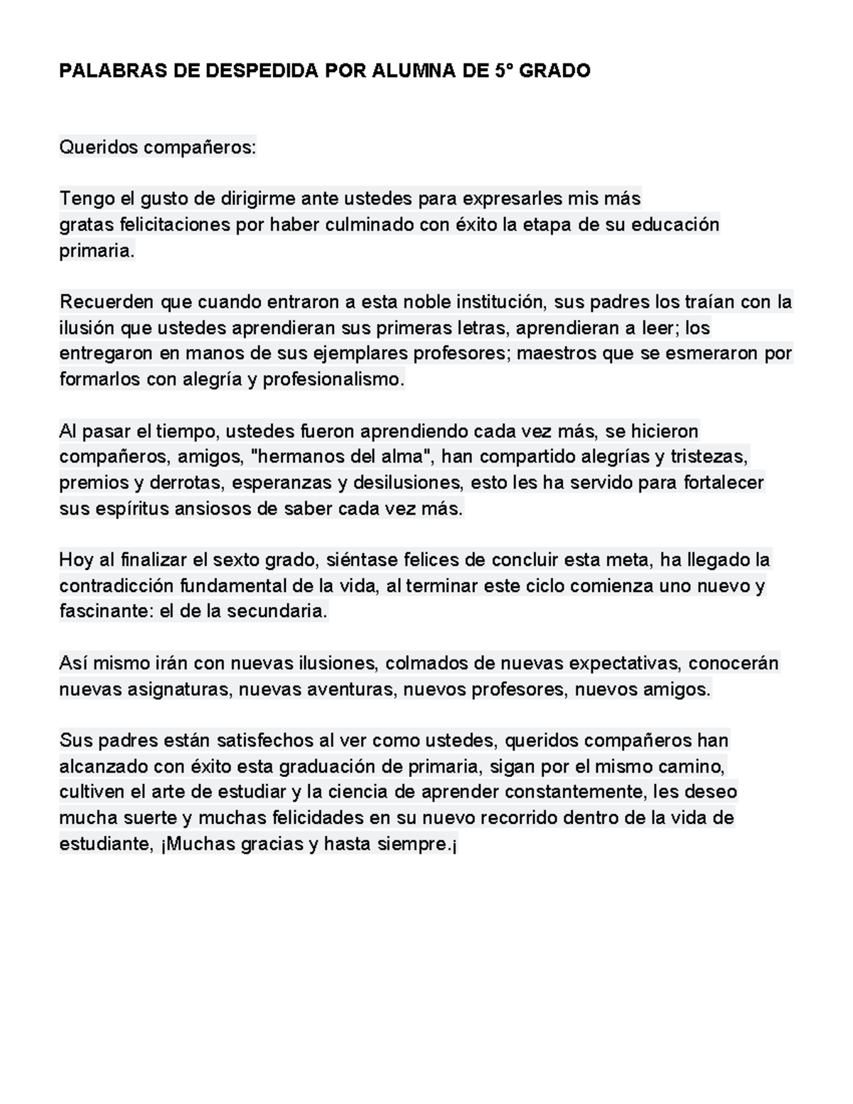 Palabras de Despedida para Graduación de 5° Grado Estudiantes - Studocu