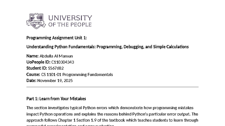 CS Programming Fundamentals: Unit 1 Python Basics Assignment - Studocu