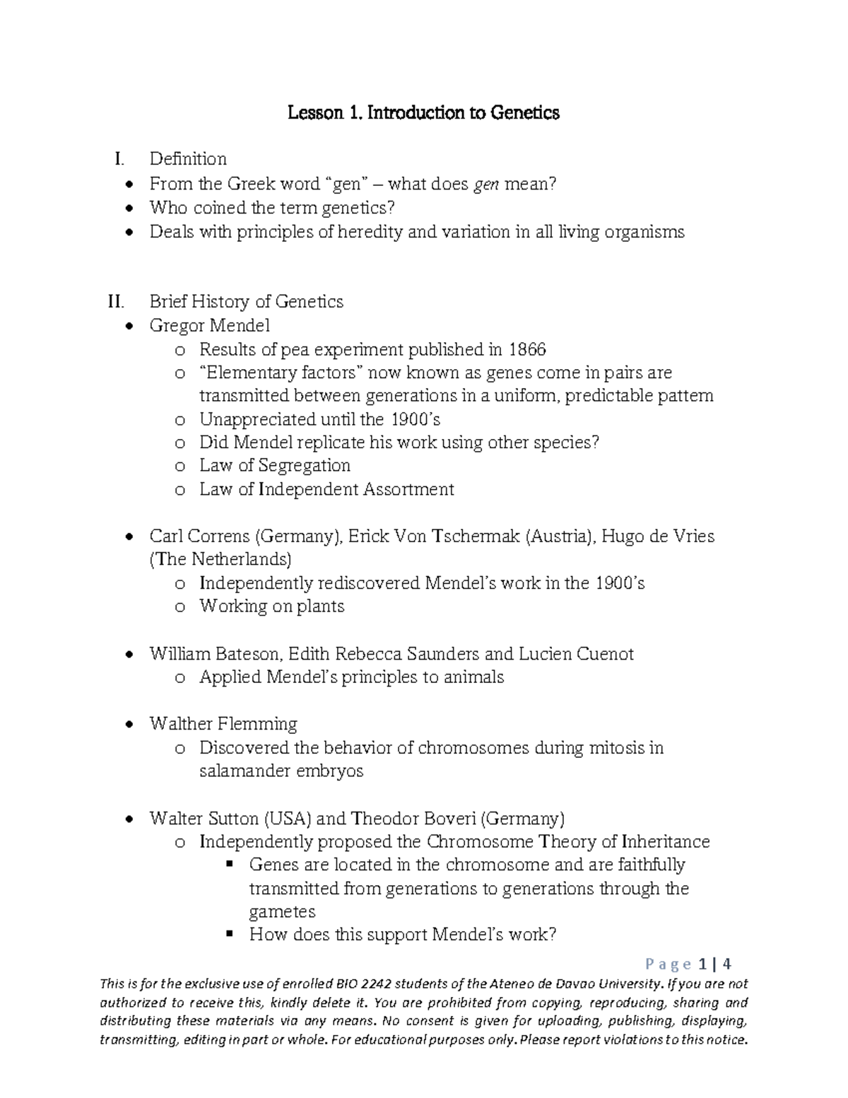 L1. Intro to Genetics - Lecture Notes on Heredity & History - Studocu