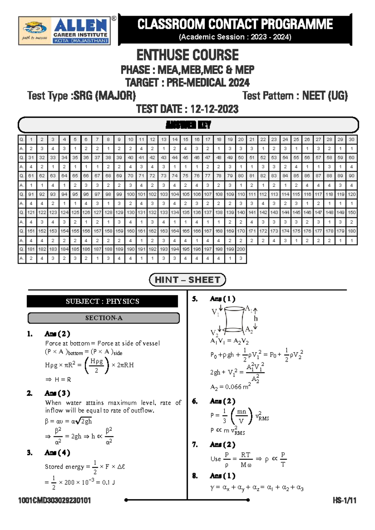 CLASSROOM CONTACT PROGRAMME 2023-2024: NEET SRG Test Answers - Studocu