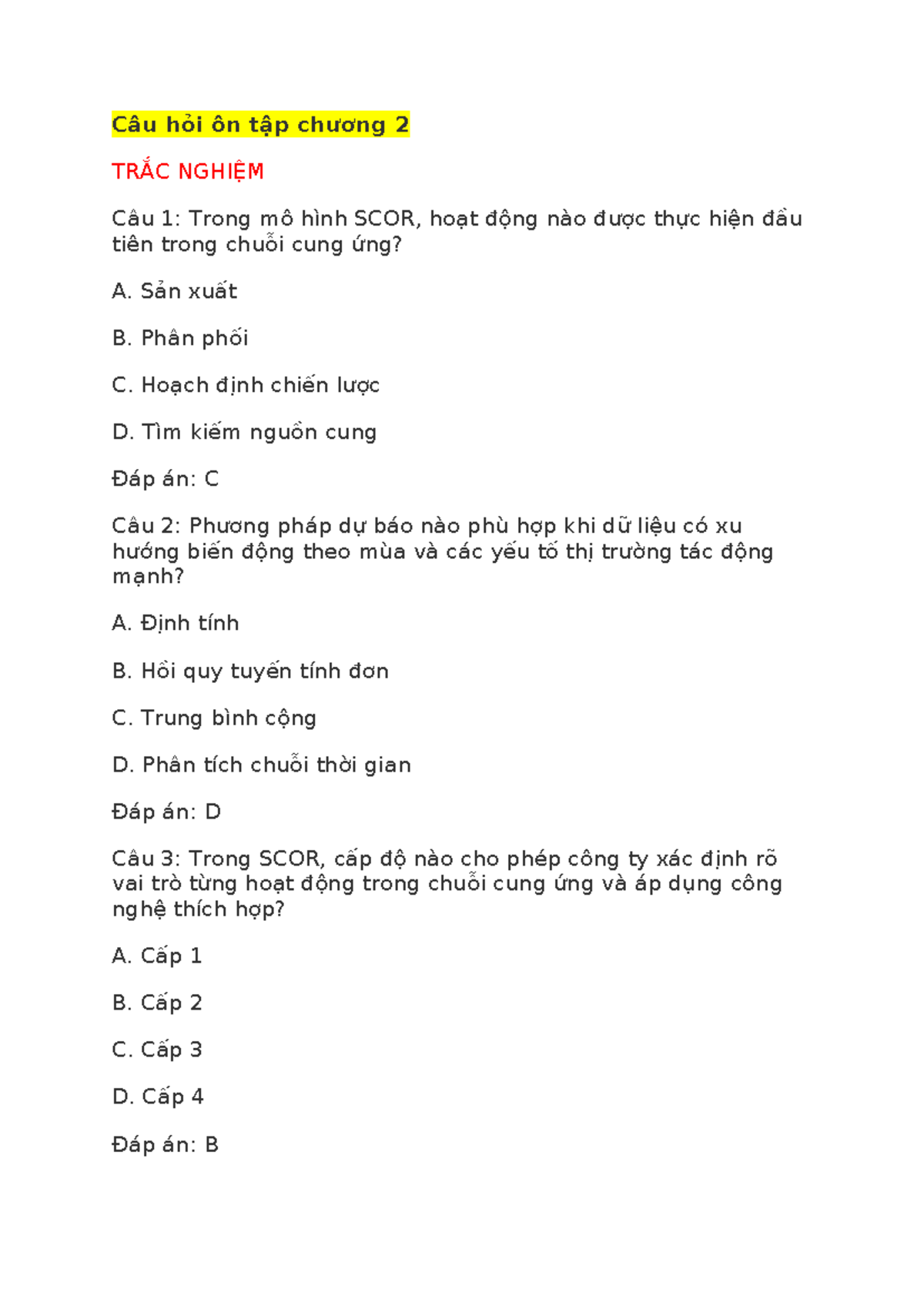 Câu hỏi ôn tập chương 2 - Trắc nghiệm và Tự luận SCOR - Studocu