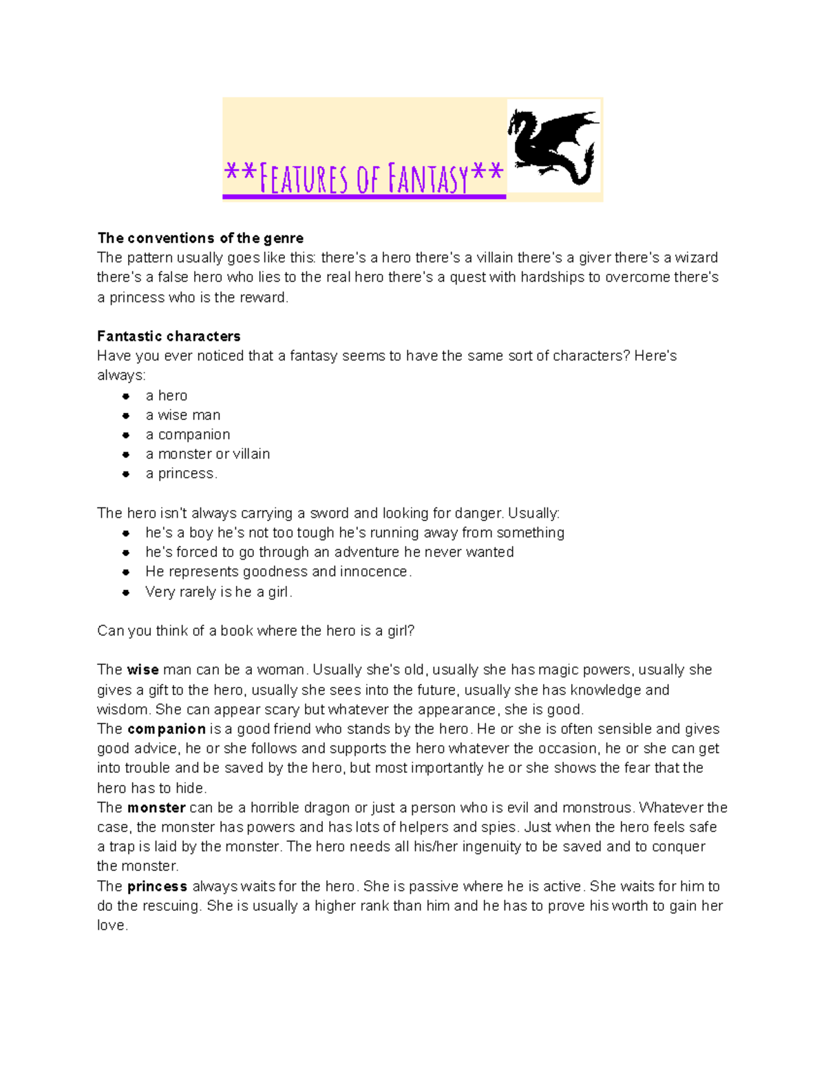 Features of Fantasy (ENG 101) - Analyzing Genre Conventions - Studocu