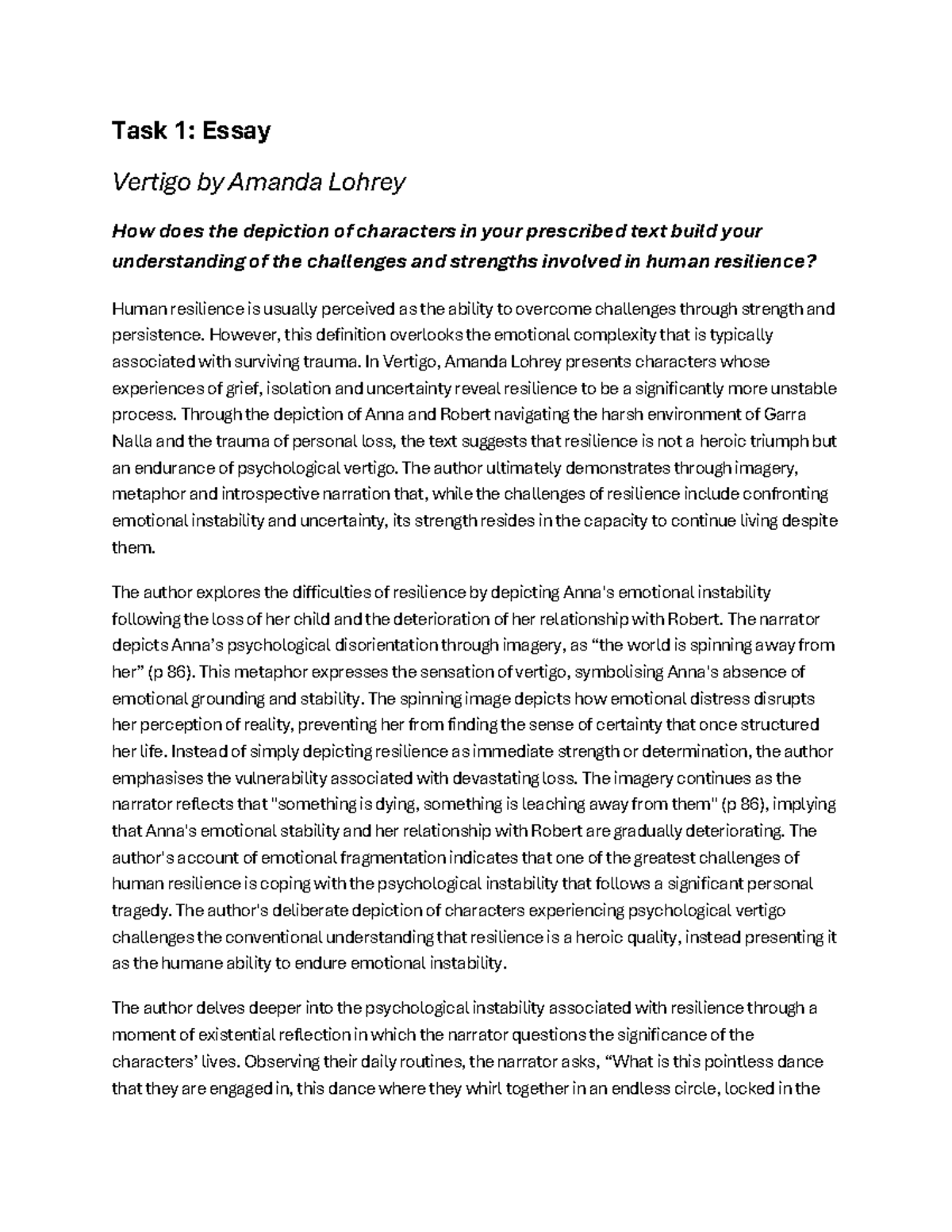 ENG101: Essay on Human Resilience in Amanda Lohrey's "Vertigo" - Studocu