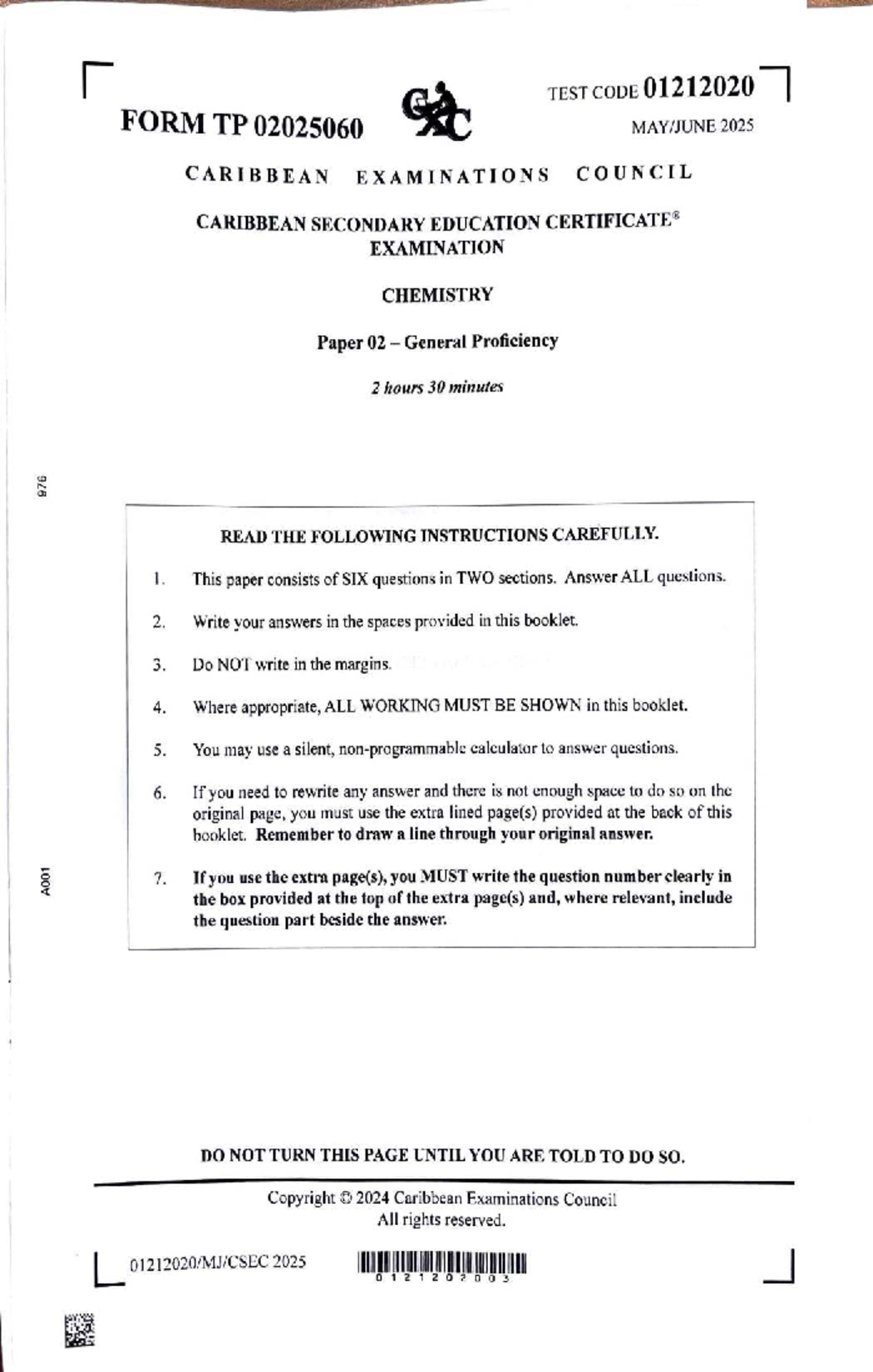 Chem 2025 Final Exam Paper 2: Caribbean Secondary Education Chemistry ...