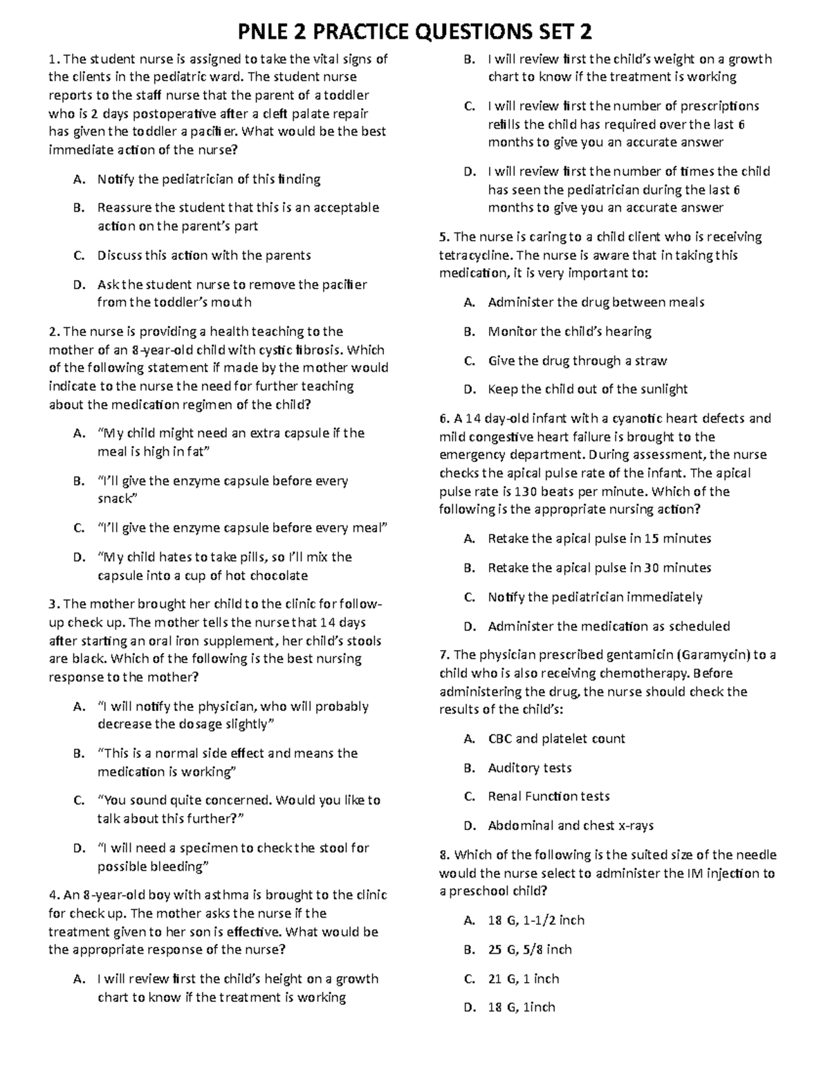 PNLE 2 - Practice Questions Set 2 for Nursing Students - Studocu