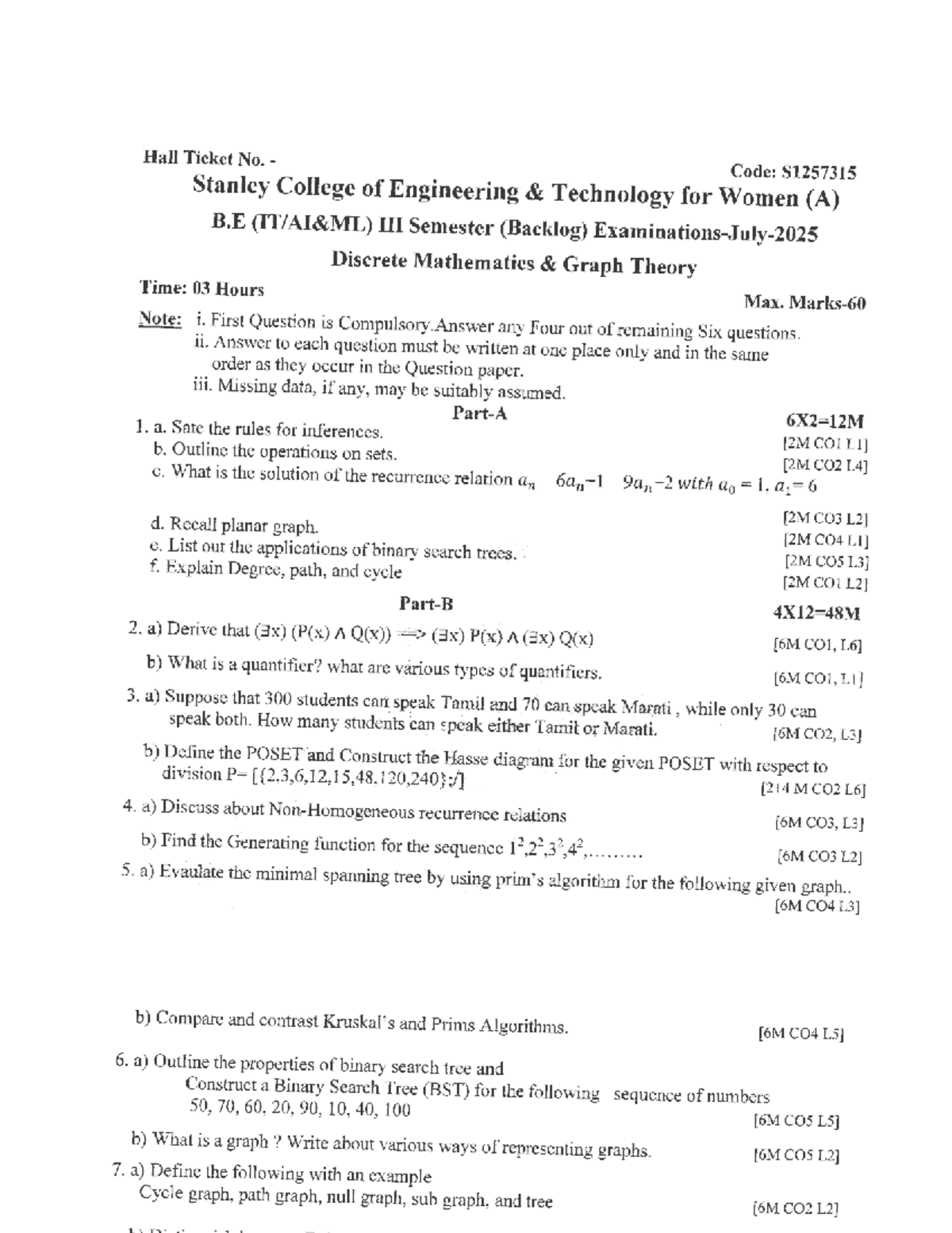 Discrete Mathematics (B.E) Past Year Questions (PYQs) - Studocu